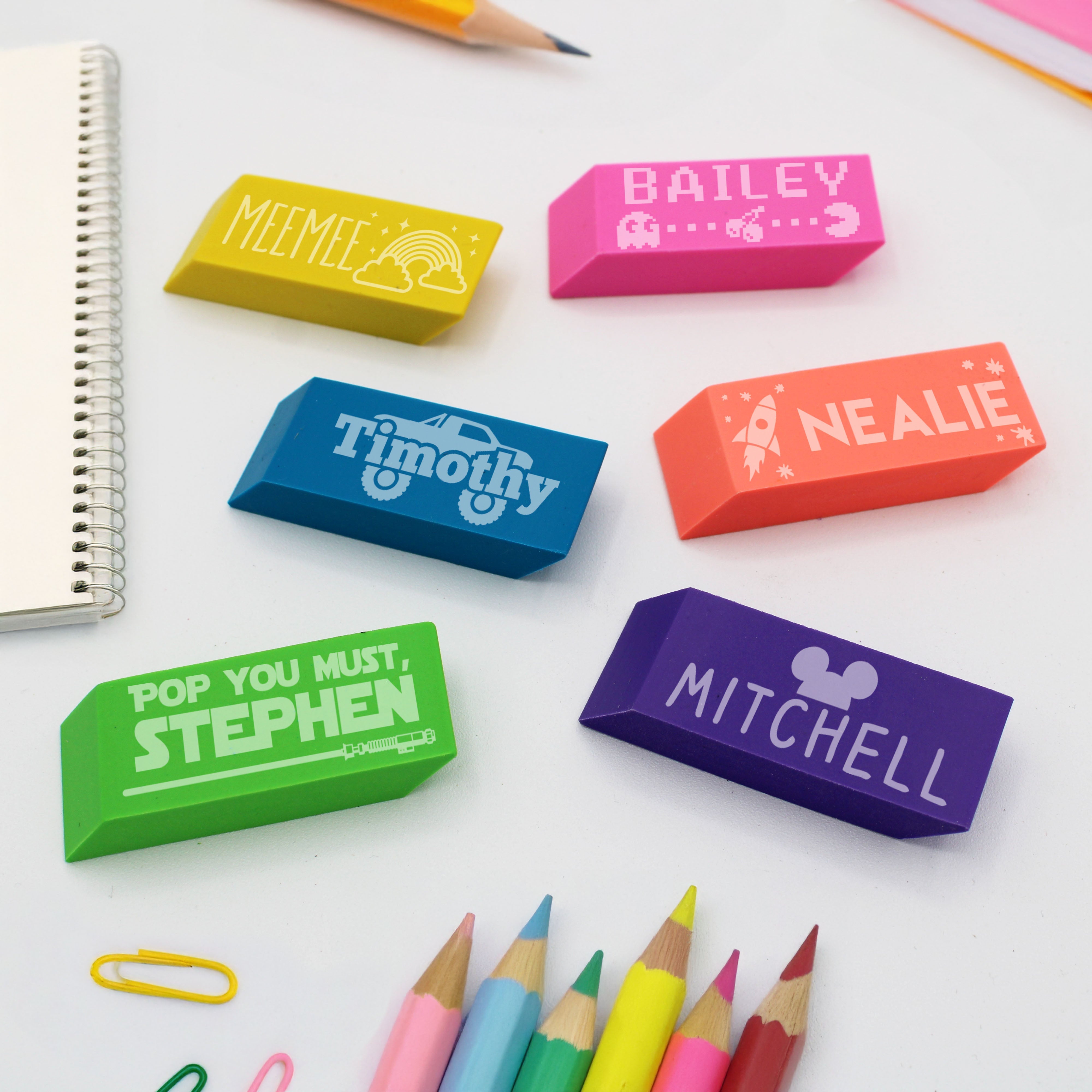 Neon Erasers Set of 6 - etchthisout